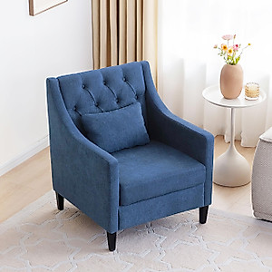 HUIMO Upholstered Living Room Chairs, Accent Chairs with Solid Wood,Reading Chair for Bedroom,Tufted Armchair with Lumbar Pillow,Mid Century Sofa Chair,Comfy Club Chair (Navy Blue)
