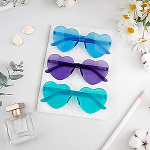 AFNWQI Heart Sunglasses, Heart Shaped Sunglasses, 3-Pack, Transparent Rimless Sunglasses, Colored Sunglasses, Heart Glasses, Heart Sunglasses for Women, Party Glasses (Blue+Purple+Teal)