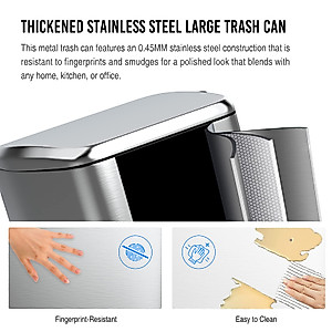 pouseayar 13 Gallon Stainless Steel Foot Pedal Trash Can with Soft Close Quiet Lid, Stainless-Steel Thickened Body Rectangular Garbage Can for Commercial/Kitchen/Home/Office Etc - Silver