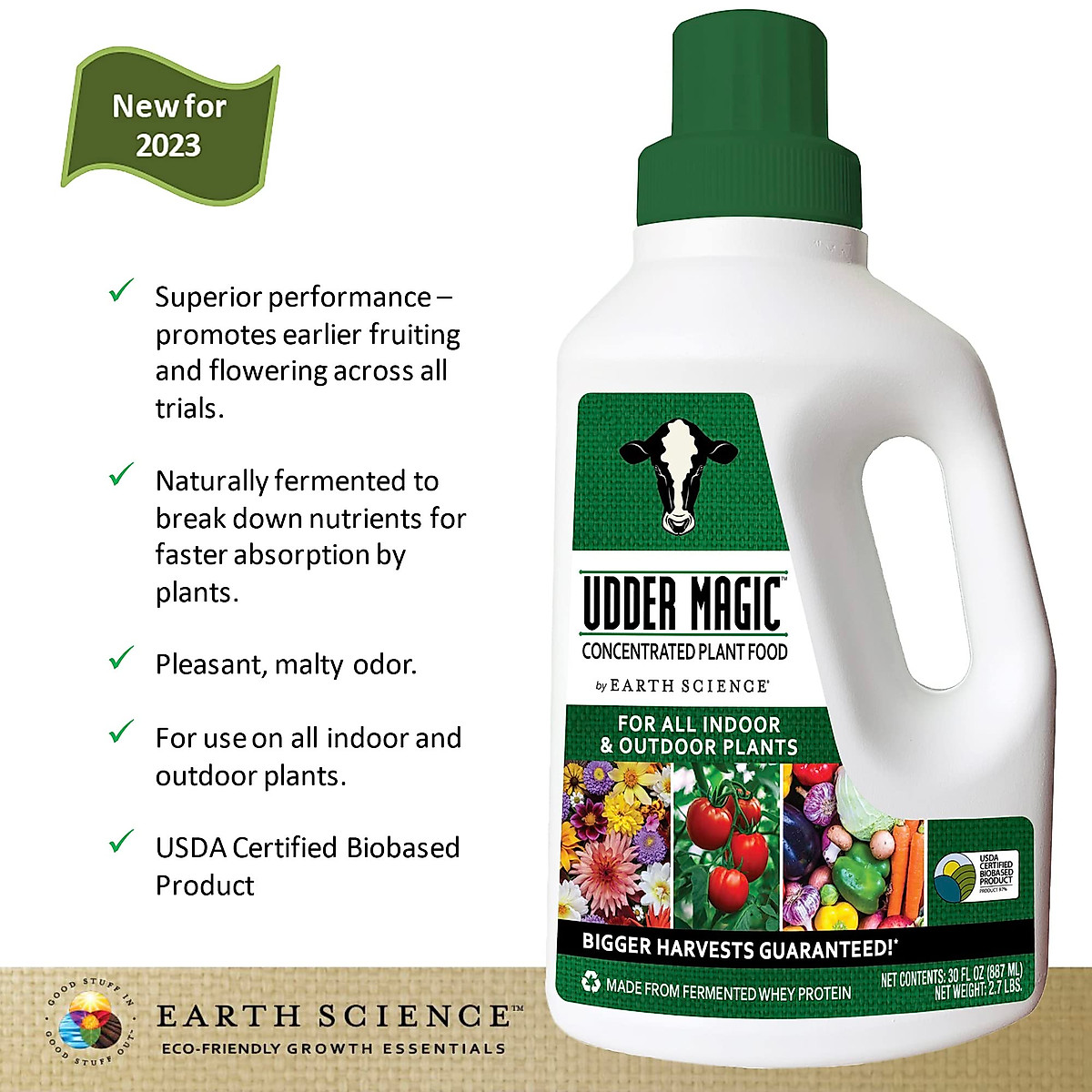 Earth Science Udder Magic Concentrated Plant Food for Indoor & Outdoor Plants – Nutrient Rich Fertilizer for Bigger Harvests & Blooms - Seed Starter for Vegetables, Flowers, Herbs, Succulents (30oz)