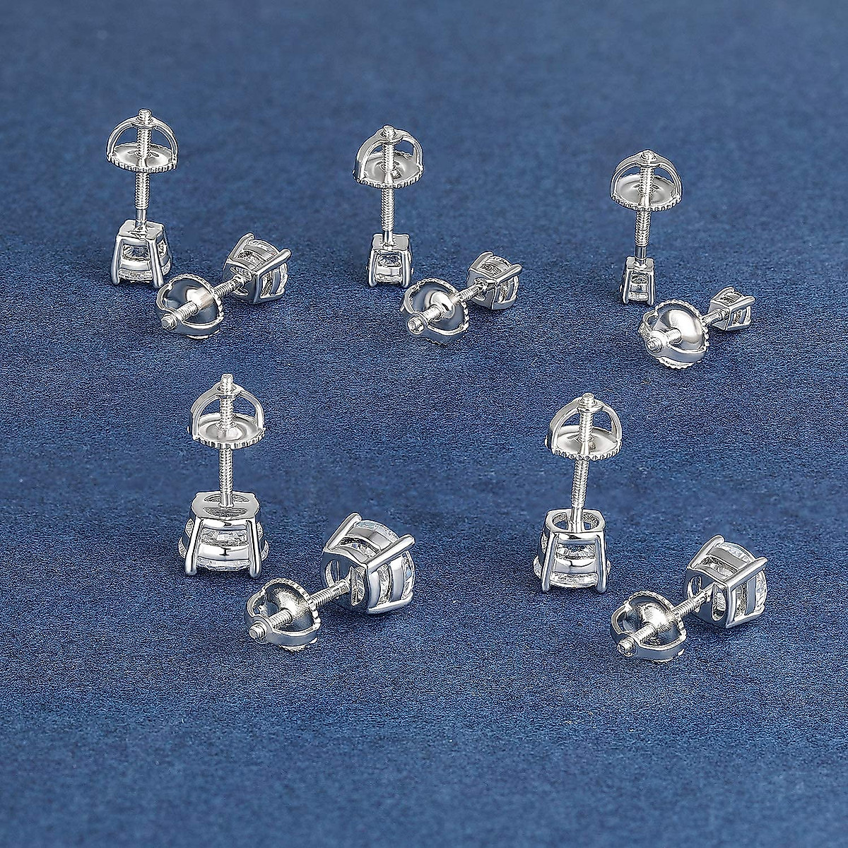 18K White Gold Plated 4 Pong Round Clear Cubic Zirconia Screw Back Stud Earring Pack of 5 Pairs (5 Pairs)…