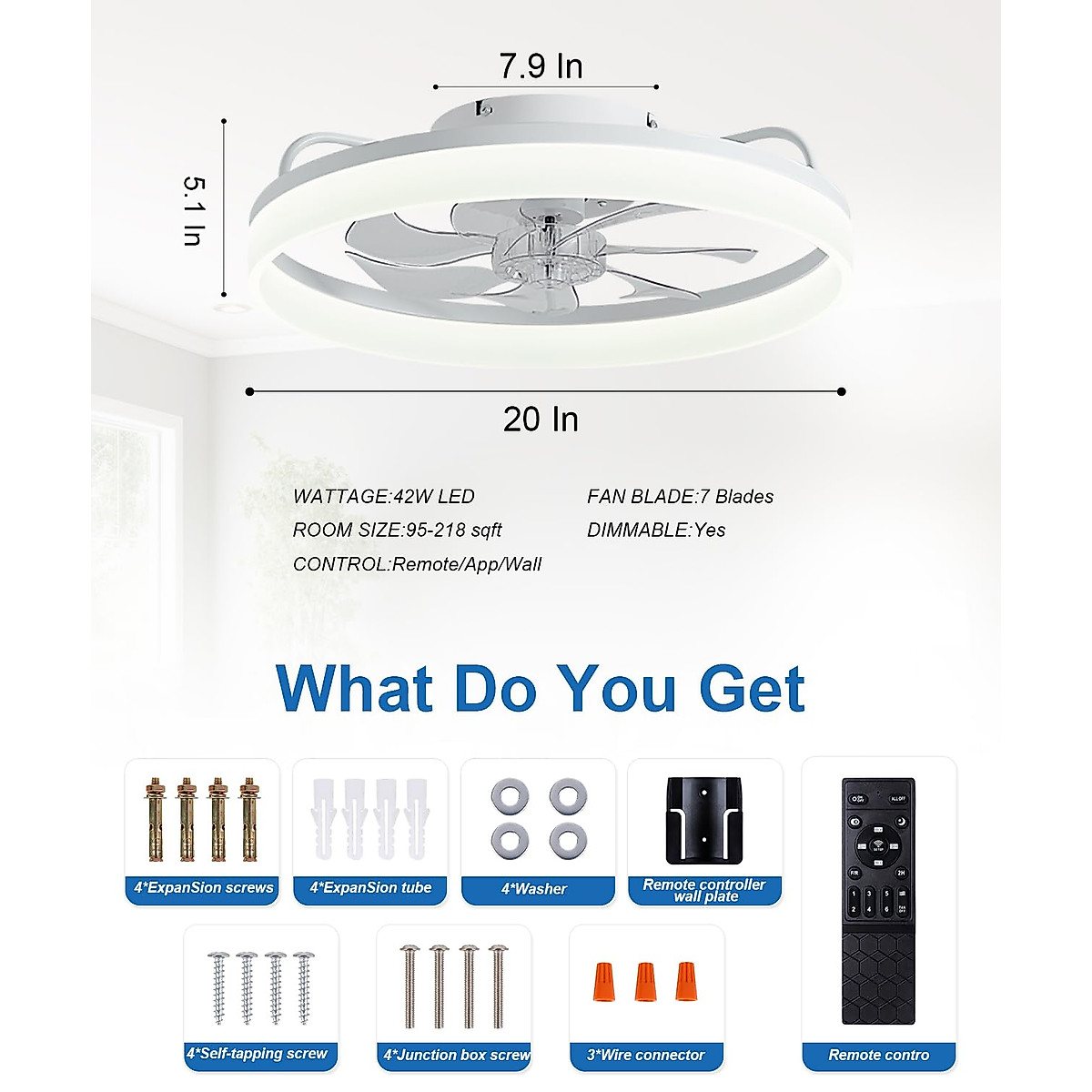 AQUBT Ceiling Fans with Lights and Remote, 20" Modern Low Profile Ceiling Fan with Light, Stepless Color Temperature Change and 6 Speeds, Flush Mount Ceiling Fans for Bedroom, Kids Room.（White）