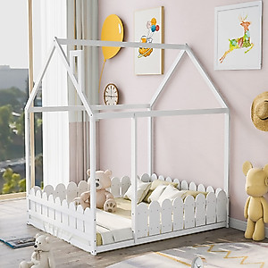 Full Size Wood Bed House Bed Frame with Fence, Cabin Bed, Floor Bed, Nursery Furniture, Kids Tent Bed Play Tent (White Full Size)