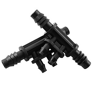 RLECS 6pcs 3/8 Inch to 1/4 Inch Greenhouse Drip Irrigation Water 4 Way Splitter for 4 mm Drip Hose Gardening Water Irrigation Fittings, Black