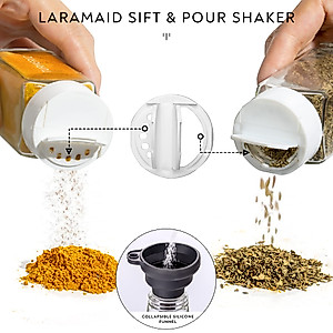 Laramaid 4oz 48Pack Glass Jars with 304 Minimalist White Premium Spice Labels, White Plastic Shaker Lid Dispenser, Black Chalk Marker, Cleaning Brush and Collapsible Silicone Funnel