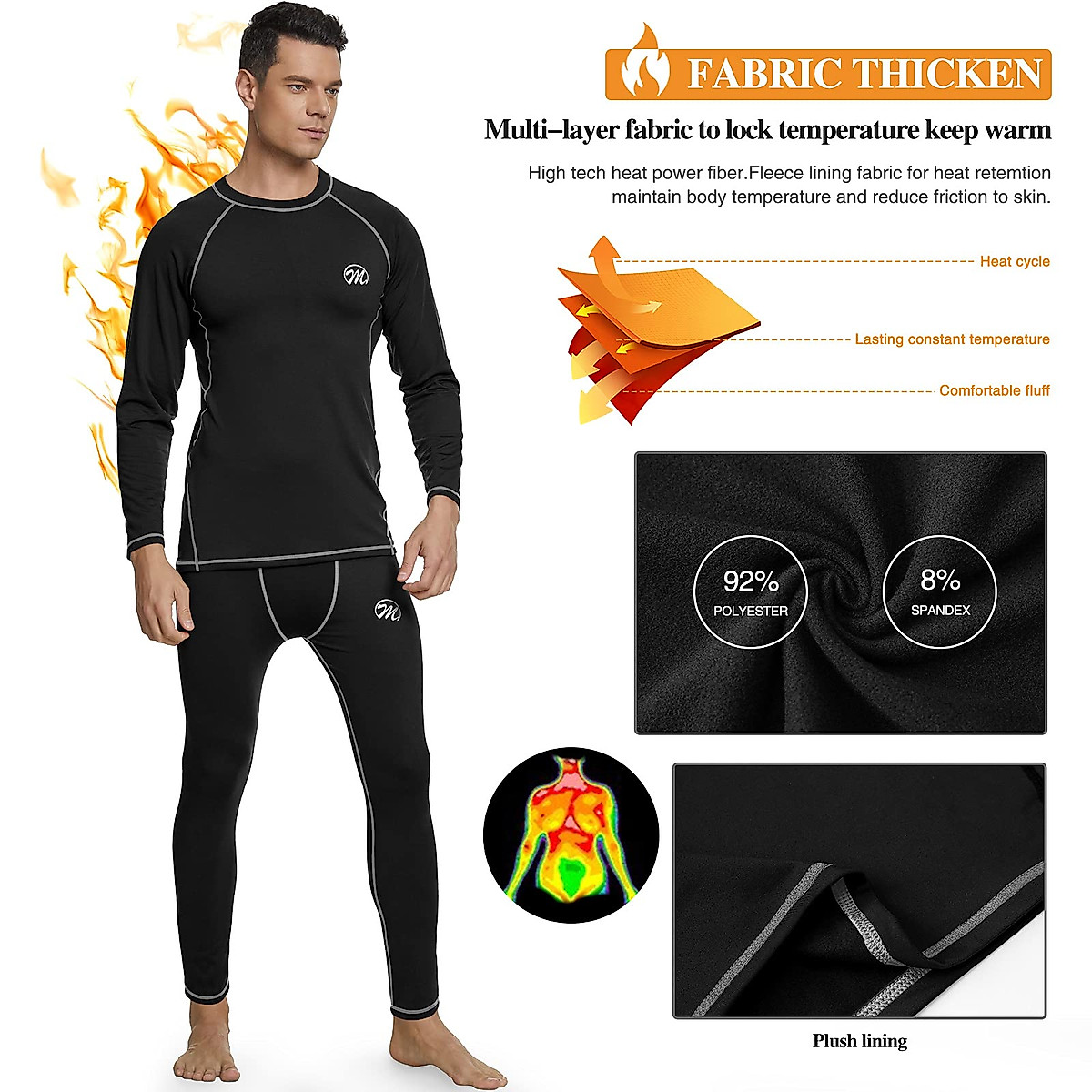MeetHoo Men's Compression Base Layers Long Johns Winter Gear with Fleece Lined for Skiing Black