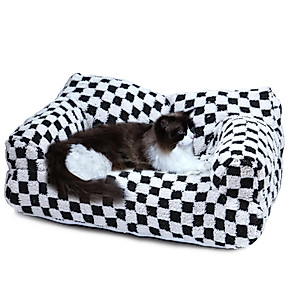 FORMYCATIE Pet Couch Bed, Washable Cat Beds for Medium Small Dogs & Cats up to 25 lbs, Soft Calming Cat Sofa Beds for Indoor Cats Anti-Slip Bottom，Fluffy Cat Couch (White)