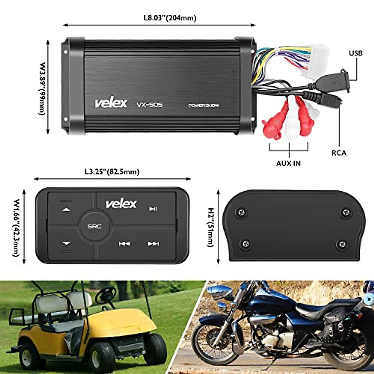 Marine Bluetooth Amplifier Waterproof Class D Amp UTV Amp 4 Channel with Controller for Boat Golf Motorcycle Hidden Installation