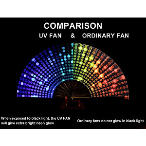 Amajiji UV Glow Rave Folding Hand Fan for Festivals/DragQueen/Burlesque, Large Clack Festival Hand Fan Rave Accessories for WomenWomen/Men (Dj Light)