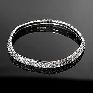 Kucheed 2PCS Rhinestone Stretch Bracelets,Twinkle Diamond Tennis Bangle,Silver Crystal Sparkling Bridal Stackable Bracelet Jewelry,Bling Shining Wedding Party Elastic Band Bracelet for Women