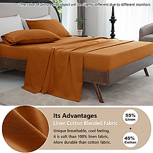 Talasily Linen Sheets California King Linen Bed Sheet 4 Piece Breathable Cotton Bed Sheets, Linen Cotton Blend Sheets for All Seasons- Deep Pockets, Easy-Fit, (California King, Caramel)