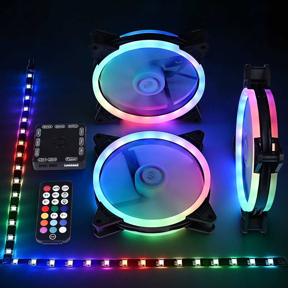 DS 140MM LED Fans with Controller for PC Cases, Addressable RGB Fans for Computer Case, CPU Coolers, Radiators System (3Pack RGB Fans, 2Pack PC LED Strips, 4th GEN Hub Box, A Series)