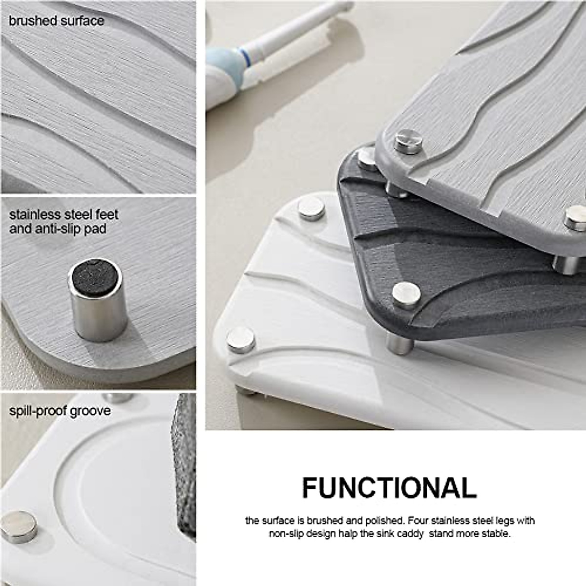 bukfen Instant Dry Sink Organizer, Bathroom Sink Fast Drying Stone,Diatomaceous Earth Sink Caddy for Kitchen Counter and Bathroom Counter, Pearl White, Wavy Groove(11.02x4.33x1.10in)