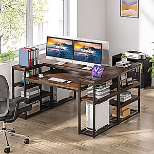 Tribesigns 63 Inches Computer Desk with Open Storage Shelves, Large Office Desk with Monitor Shelf & CPU Stand, Study Writing Table Workstation with Printer Stand for Home Office(Brown)