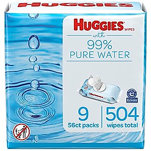 Huggies 99% Pure Water Baby Wipes, Unscented, 9 flip-top packs (504 Wipes Total)
