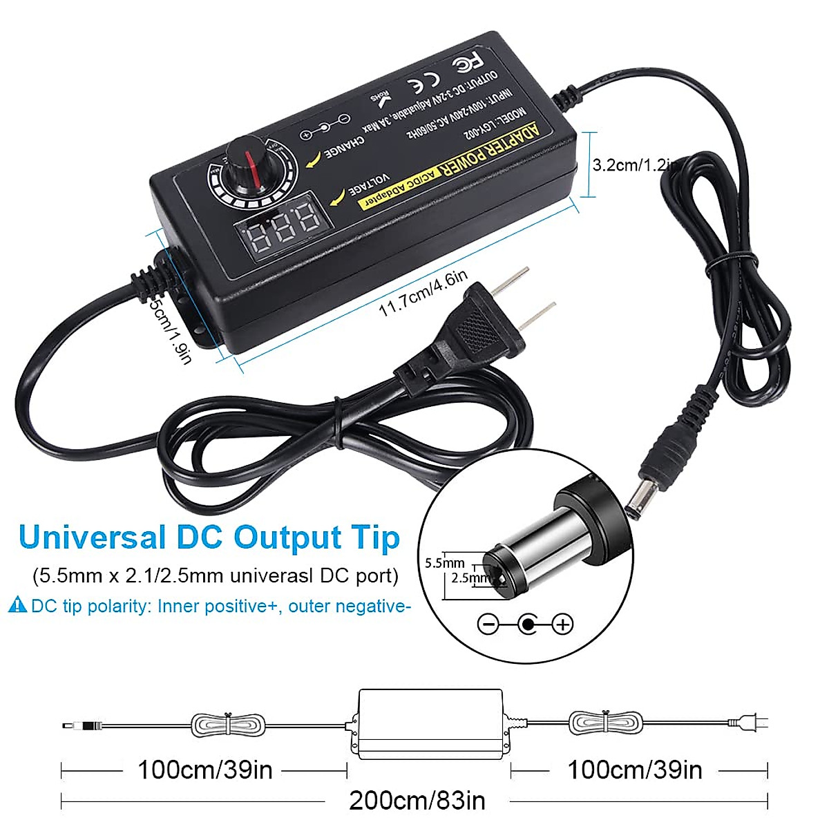 72W Power Supply Adjustable DC 3V ~ 24V Variable Universal Switching AC/DC Adapter 100V-240V AC to DC Converter with LED Voltage Display and 14 Tips, for 3V to 24V Household Electronics - 3000mA Max