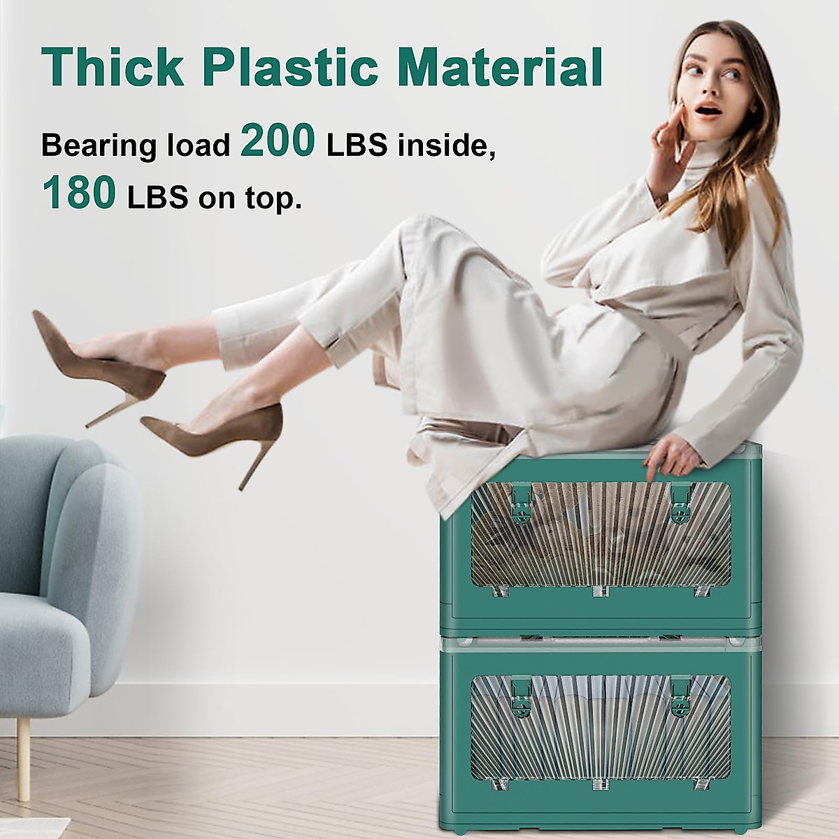 Sindax 2 Pack Storage Bins with Lids - 13.8 Gallon Collapsible Large Storage Bins with Wheels and Door, Stackable Storage Bins for Clothing, Blankets, Books, Bedding