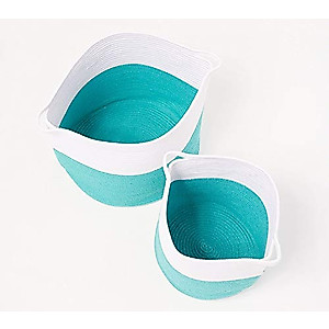 StorageWorks 100% Natural Cotton Rope Hand-Woven Basket- Two Color Design- White & Seaglass- 2 Pack
