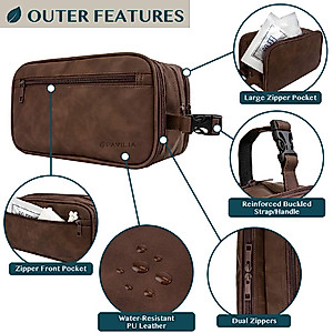 PAVILIA Toiletry Bag for Men, Travel Toiletries Bag | Water-resistant Dopp Kit, PU Leather Shaving Pouch Organizer for Accessories, Cosmetic, Hygiene, Grooming Essentials (Dark Brown)