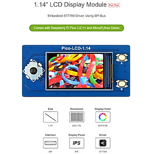 Coolwell Waveshare 1.14inch LCD Display Module for Raspberry Pi Pico, Embedded ST7789 Driver, 65K RGB Colors, 240×135 Pixels, Using SPI Bus
