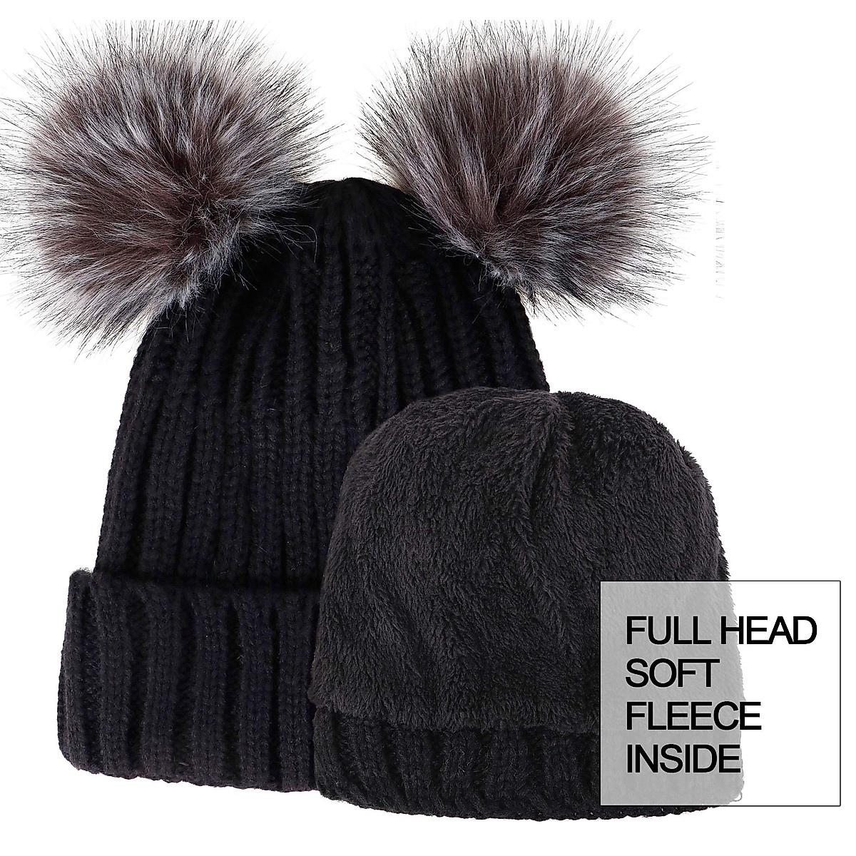 Arctic Paw Women's Black Beanie for Winter Chunky Knit Pompom Ski Snowboard Beanie Hat