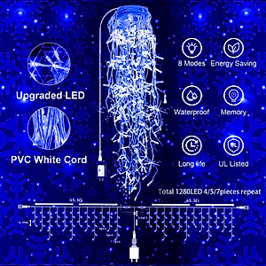 JXLEDAYY Christmas Lights Super Long 1280 LED 131 FT LED String Lights with 240 Drops Plug in 8 Modes Christmas Decoration for Holiday Wedding Party Bedroom Garden Patio Outdoor Indoor (Blue)