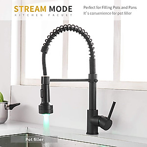 AIMADI Kitchen Faucet with Sprayer, Modern Single Handle Pull Down Sprayer Spring Matte Black Kitchen Sink Faucet with LED Light