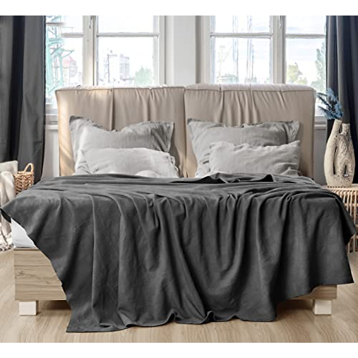 Utopia Bedding 100% Cotton Blanket (Queen Size - 90x90 Inches) 350GSM Lightweight Thermal Blanket, Soft Breathable Blanket for All Seasons (Smoke Gray)