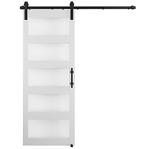 ALAMEDADT 34'' x 84'' Glass Barn Door and 6 Ft Hardware Kit Included, MDF White Barn Door Slab with Frosted Glass, PVC Surface, Combined with Handle and Floor Guide-Assembly Required, White