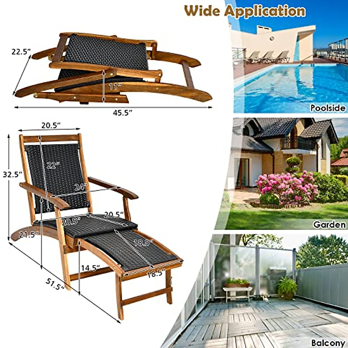 Tangkula Acacia Wood Folding Chaise Lounge Chair, Patiojoy Outdoor Foldable Deck Chair, Portable Wicker Lounger with Retractable Footrest, Collapsible Armchair Ideal for Garden, Poolside, Courtyard