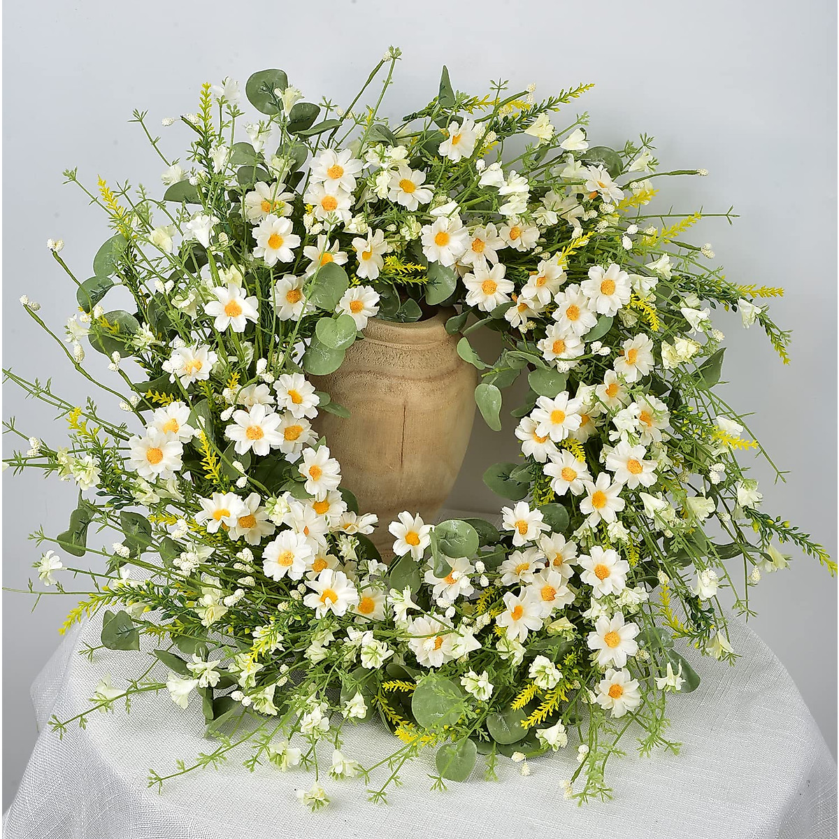 LSKYTOP 24 Inches Artificial Daisy Flower Wreath with Eucalyptus Leave Silk Flower White Berries Spring Summer Wreath for Front Door Wall Decor