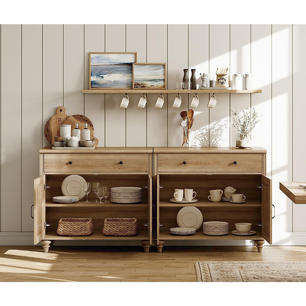 WAMAPT Buffet Cabinet with 4 Doors and 2 Drawers, Large Coffee Bar Tables Wood Kitchen Storage Cabinets with Storage Cabinets, Modern Farmhouse Sideboard Credenza for Dining Room, Oak, 68 inch