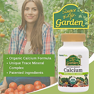 NaturesPlus Source of Life Garden Certified Organic Calcium with AlgaeCal - 1000 mg, 120 Vegan Capsules - Plant-Based Bone Health Support Supplement - Vegetarian, Gluten-Free - 30 Servings