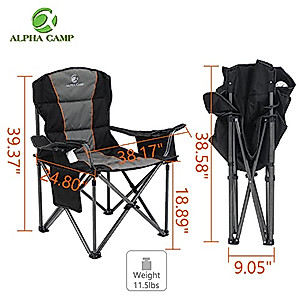 ALPHA CAMP Oversized Camping Folding Chair, Heavy Duty Support 450 LBS Steel Frame Collapsible Padded Arm Chair with Cup Holder Quad Lumbar Back, Portable for Outdoor,Black