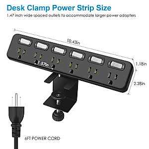 HHSOET Desk Mount Power Strip with Individual Switches, Clamp Outlet Strip Surge Protector 800J, Clip on 1.7 inch Desktop Edge with 6 Outlet, Long Wide Spaced Socket, 6 ft Extension Cord. (Black)