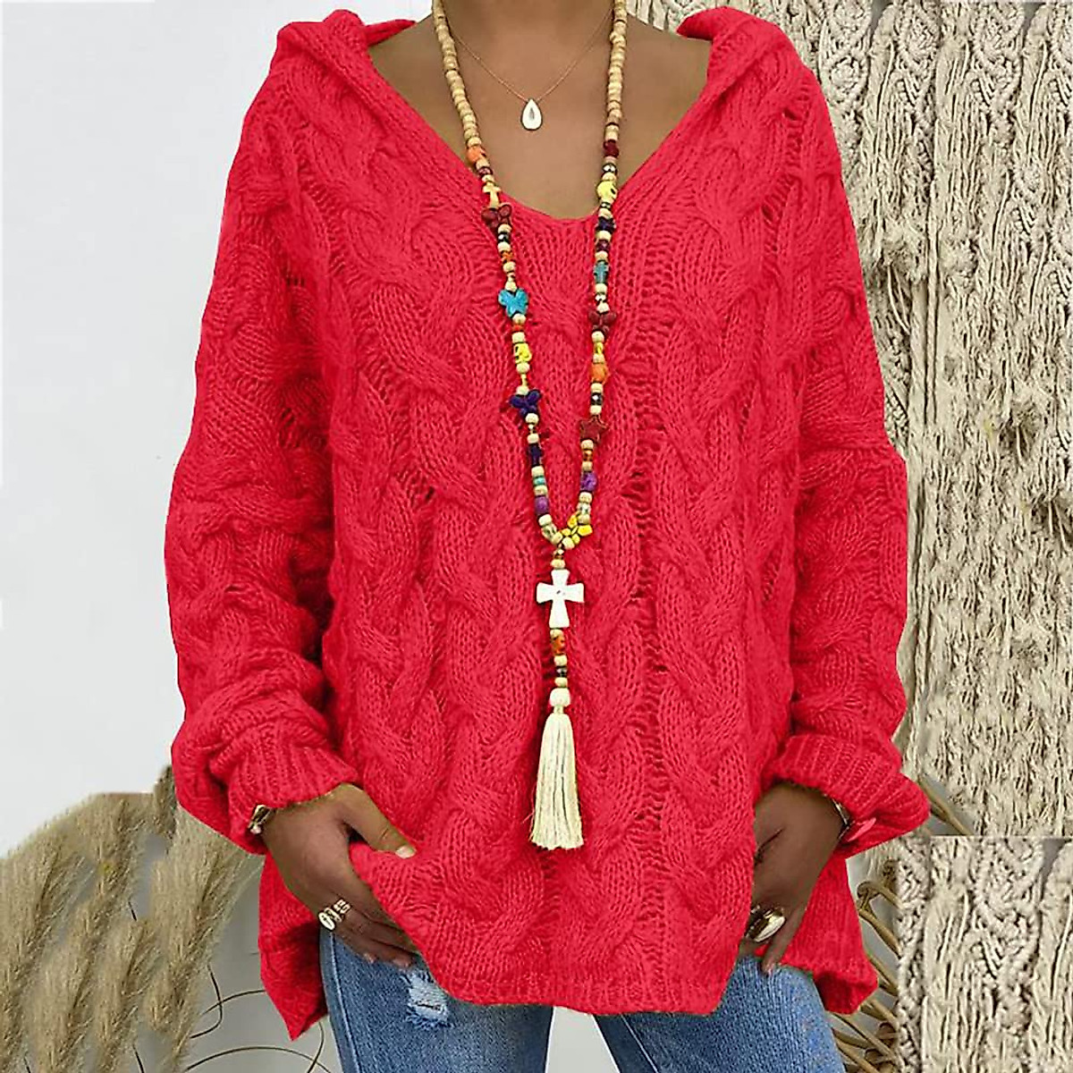 Womens Sweater Jumper Hooded Plus Size Twist Oversized Solid Color Ribbed V-Neck Plain Knitted Tops Loose Knitting Pullover Knitwear(2XL,A Red)