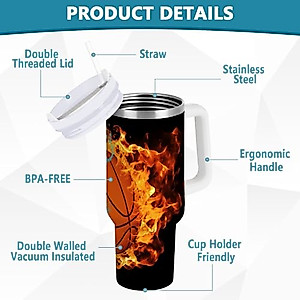 Caikeny Insulated Tumblers with Lid and Straw Basketball Sports 30 oz Reusable Stainless Steel Cup Water Fire Water Bottle Coffee Travel Tumbler Mug for Women Men