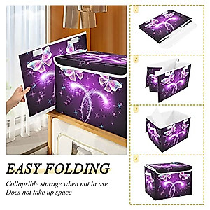 RunningBear Butterflies Firework Star Large Storage Bins with Lid Collapsible Storage Bin Nursery Baskets Foldable Fabric Cube for Closet Shelf Car