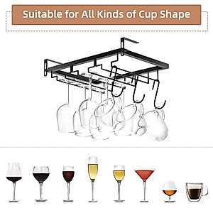 Wine Glass Rack Under Cabinet, BUDO 3 Rows Nail Free Wine Glass Holder Under Shelf, Adjustable Stemware Storage Drying Hanger Organizer for Kitchen Cabinet Bar (Black)