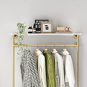 HOMEKAYT Industrial Pipe Clothing Rack Wall Mounted Garment Rack with 2-tier Wooden Shelves Vintage Hanging Rack for Bedroom, Living room-Gold