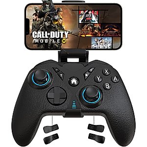 Megadream Wireless Controller for iPhone/Android/Switch/PC Gamepad Joystick, Custom Turbo Key, Detachable 4 Programming Back Button, RGB LED Light, PU Leather, with Phone Clip
