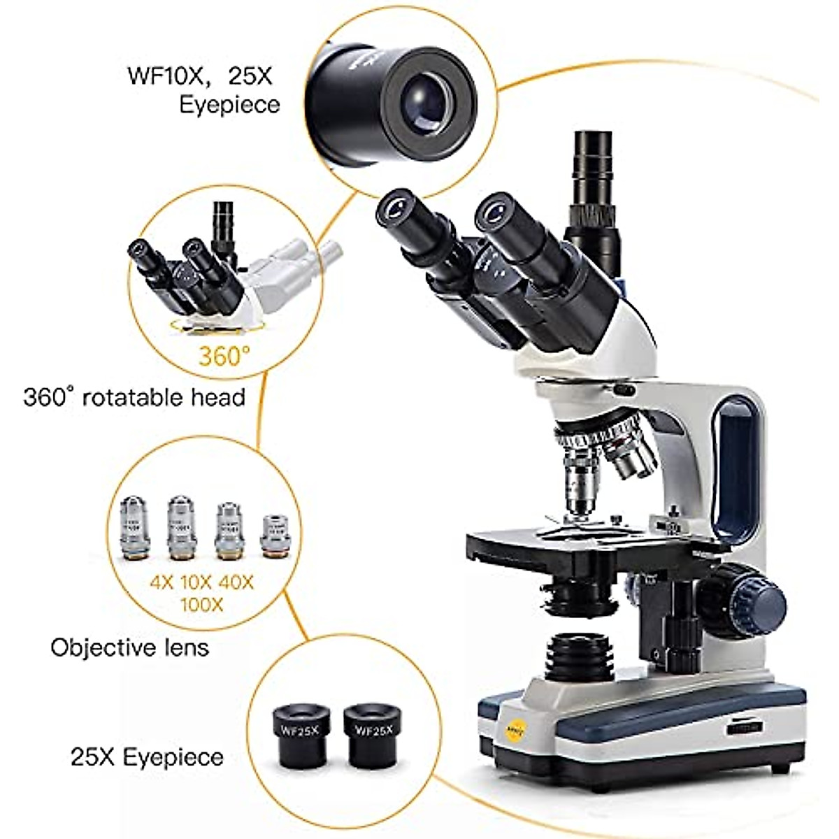 Swift SW 350T Compound Trinocular Microscope,40X-2500X Magnification,Two-Layer Mechanical Stage,with 5.0 mp Camera and Software Windows/Mac Compatible and 5 PCS Prepared Slides and 5 PCS Blank Slides