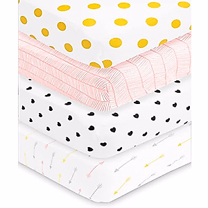 BaeBae Goods Crib Sheets for Baby Boys and Girls, 4 Pack, Soft and Breathable Jersey Knit Fitted Sheet Set, Cute Gender Neutral Nursery Mattress Bedding, Universal Fit (Gold Dots)