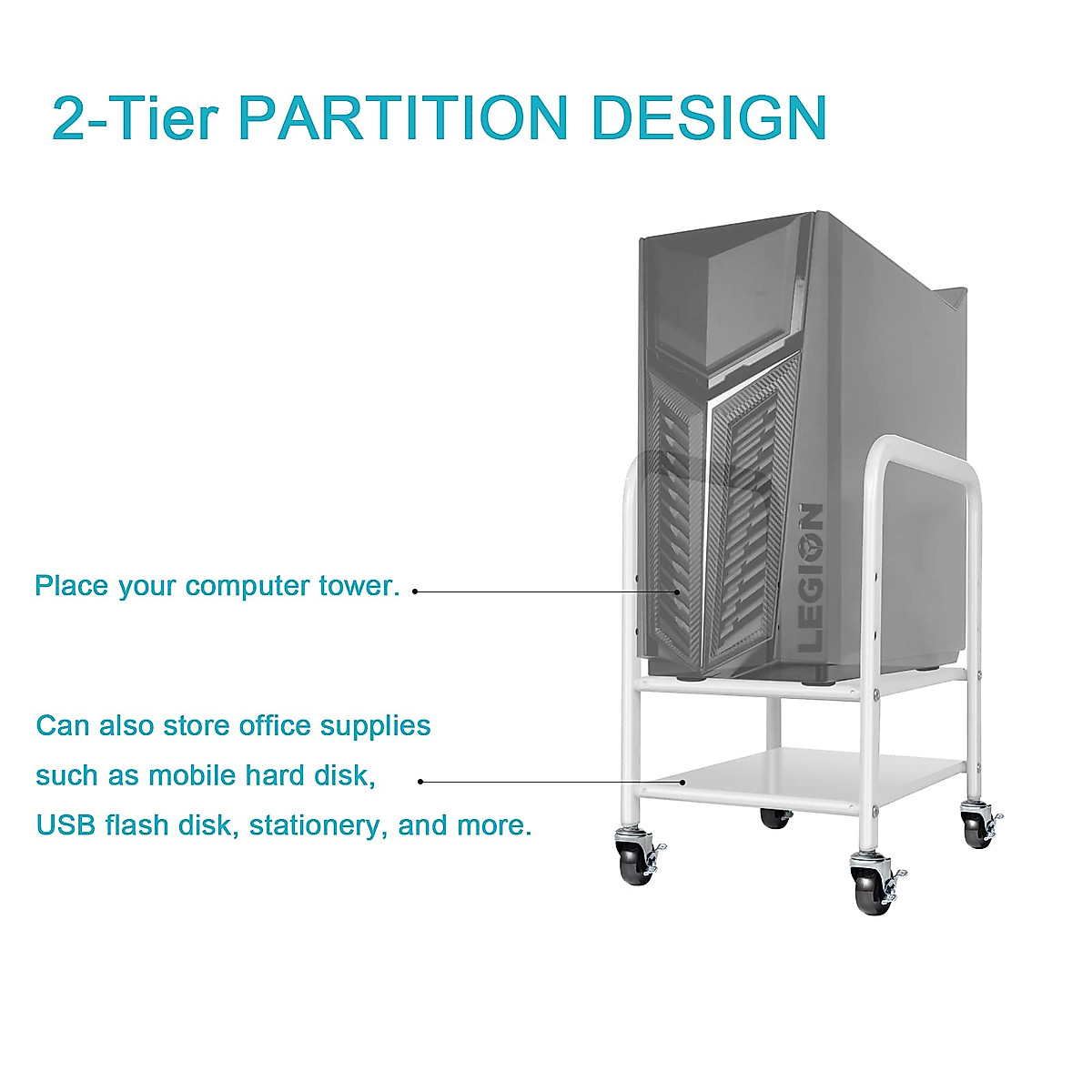 360Tronics Computer Tower Stand White, 2-Tier Height Adjustable Desktop PC Stand for Carpet, Mobile Tower Cart Under Desk, Full Metal Rolling CPU Holder with 360° Locking Wheels for Office Home