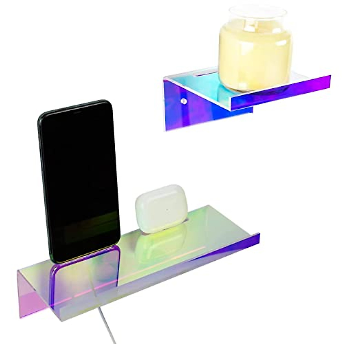 BRBR Store Floating Multi-Use Acrylic Wall Shelf Set | Pack of 2 Iridescent Mounted Shelves with Ledge and Hole for Photo Display, Phone Charging, More, One 4 In x 3 9