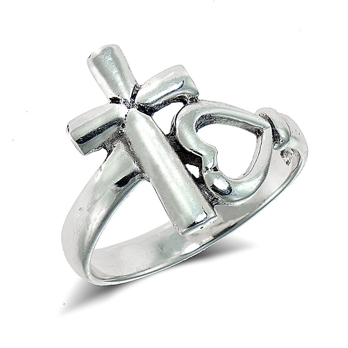 Hoops & Loops 925 Sterling Silver Cross and Sideways Heart Statement Fashion Christian Spiritual Ring for Women Men Teen Girls, Size 8