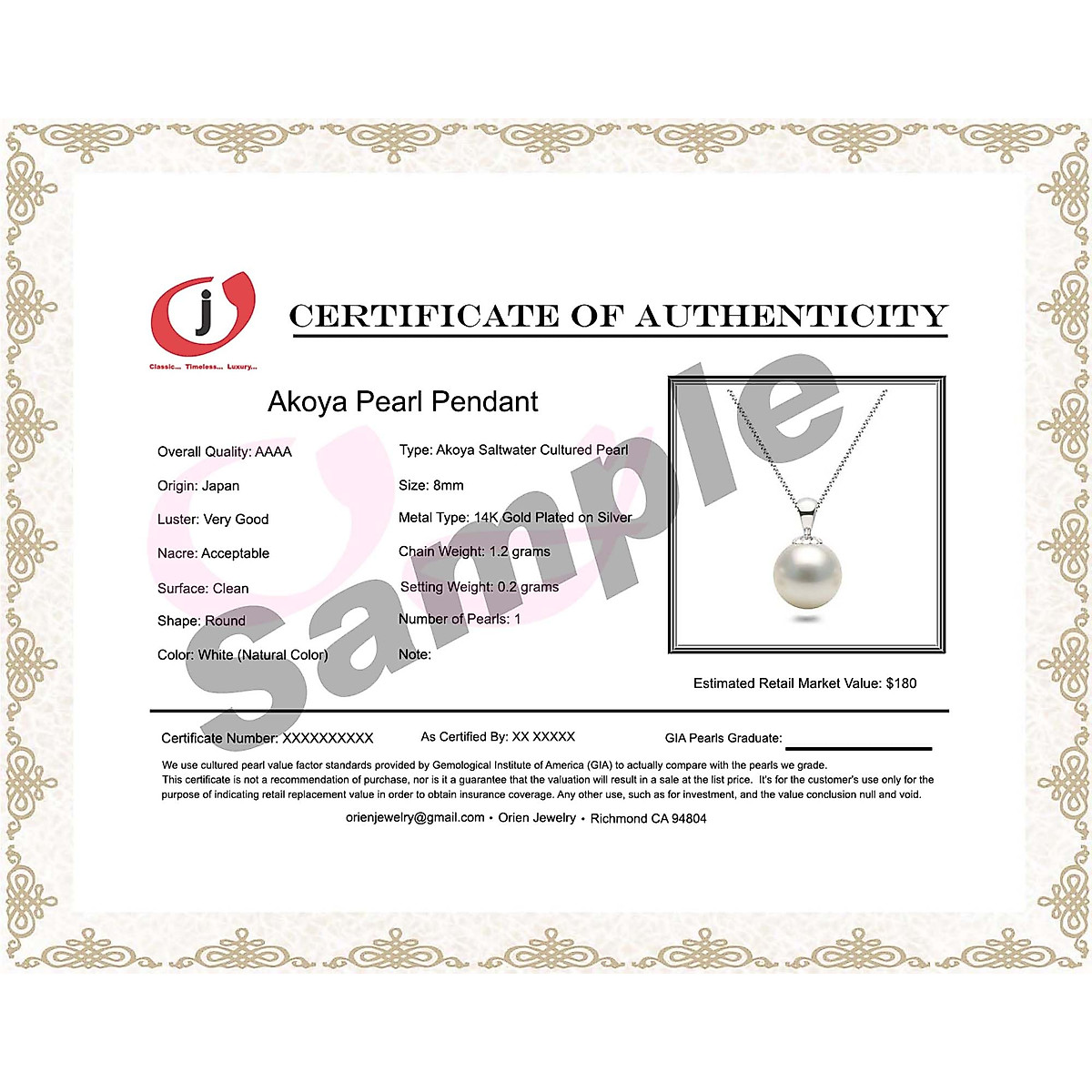 Japanese Akoya Cultured Pearl Pendant Necklace AAAA Graded 9mm White Necklace Pendant with Sterling Silver Setting and Matching 16 Inch Chain - Orien Jewelry