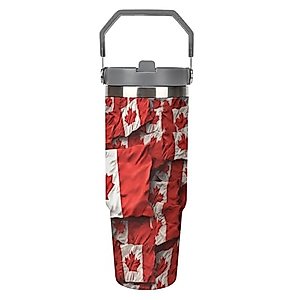 Canadian Flag Tumbler 30oz Large Capacity Car Cup with Handle Fit in Any Car Cup Holder Stainless Steel Leakproof Insulated Coffee Tumblers with Lid And Straw