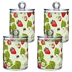 4 Pack Plastic Cotton Swab Ball Pad Holder,Strawberry Leaves with Bee Cotton Pads cans Clear Bathroom Container Organizer Dispenser(227ly4d)