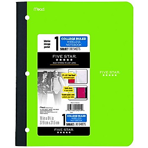 Five Star Bound Notebook with Pocket, 1 Subject, College Ruled Paper, 80 Sheets, 11" x 8-1/2", Color Selected For You, 1 Count (09294)